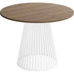 ESSTISCH Naro rund ausziehbar mit Wei&szlig;em Lamellen-Metallgestell, Walnuss Braun 100-180/100/76 cm