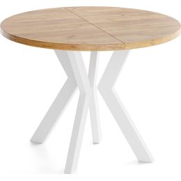 ESSTISCH Savio Wei&szlig; rund ausziehbar verl&auml;ngerbar, Eiche Braun 90-190/90/77 cm