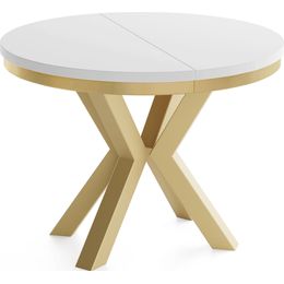 ESSTISCH Clara Gold runder ausziehbarer, Wei&szlig; 100-180/100/76 cm