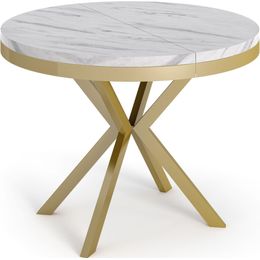 ESSTISCH Dina runder ausziehbarer, Marmor Wei&szlig; 90-170/90/76 cm
