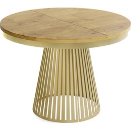 ESSTISCH Naro rund ausziehbar mit Goldem Lamellen-Metallgestell, Eiche Hell Braun 120-200/120/76 cm
