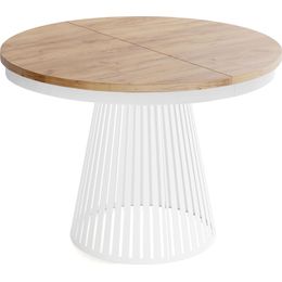 ESSTISCH Naro rund ausziehbar mit Wei&szlig;em Lamellen-Metallgestell, Braun 120-200/120/76 cm