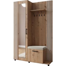 GARDEROBE Linaro mit Spiegel, Sitzbank in Lamellen-Optik 137/207/42 cm, Rechts