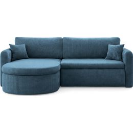 ECKSOFA Cora mit Schlaffunktion & Stauraum, Universell Rechts/Links, Blau Cord Chenille 260/82/160 cm