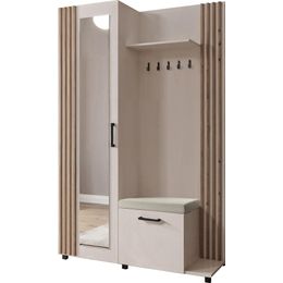 GARDEROBE Linaro mit Spiegel, Sitzbank in Lamellen-Optik 137/207/42 cm, Rechts