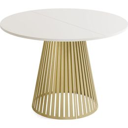 ESSTISCH Naro rund ausziehbar mit Goldenem Lamellen-Metallgestell, Beige Kaschmir 100-180/100/76 cm