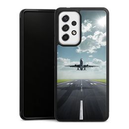 DeinDesign Galaxy A53 5G Handy Gallery Case Handyh&uuml;lle 9H Geh&auml;rtetes Glas R&uuml;ckseite H&uuml;lle Airplane Wanderlust Urlaub Gallery Case