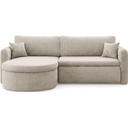 ECKSOFA Cora mit Schlaffunktion & Stauraum, Universell Rechts/Links, Creme Cord Chenille 260/82/160 cm
