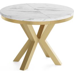ESSTISCH Clara Gold runder ausziehbarer, Marmor Wei&szlig; 100-180/100/76 cm