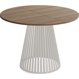 ESSTISCH Naro rund ausziehbar mit Lamellen-Metallgestell in Grau-Beige, Walnuss Braun 100-180/100/76 cm