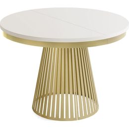 ESSTISCH Naro rund ausziehbar mit Goldem Lamellen-Metallgestell, Beige-Grau Kaschmir 100-180/100/76 cm