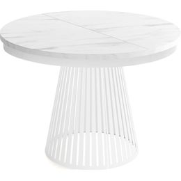 ESSTISCH Naro rund ausziehbar mit Wei&szlig;em Lamellen-Metallgestell, Marmor Wei&szlig; 100-180/100/76 cm