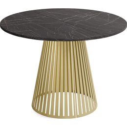 ESSTISCH Naro rund ausziehbar mit Goldenem Lamellen-Metallgestell, Marmor Schwarz 120-200/120/76 cm