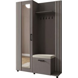 GARDEROBE Linaro mit Spiegel, Sitzbank in Lamellen-Optik 137/207/42 cm, Rechts