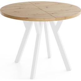 ESSTISCH Vero Wei&szlig; rund ausziehbar verl&auml;ngerbar, Eiche Artisan Hellbraun 90-190/90/77 cm