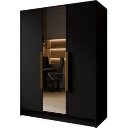 KLEIDERSCHRANK Mono Lux mit Speigel, Dreht&uuml;ren mit Goldene Metallgriffe, Schwarz 150/200/51 cm