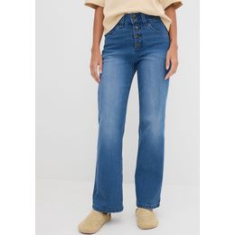 Straight-Jeans bonprix "Straight-Jeans High Waist, Stretch", Damen, Gr. 40, N-Gr, blau (blau denim used), Denim/Jeans, Obermaterial: 82% Baumwolle, 17% Polyester, 1% Elasthan, unifarben, regular fit lang, Jeans Straight-Jeans, Regular Fit, mit Elasthan-Anteil, mit 5-Knopf-Form