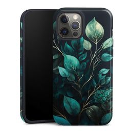 DeinDesign iPhone 12 Pro Max Handy Panzer Handyh&uuml;lle robuste Outdoor H&uuml;lle Schutzh&uuml;lle gl&auml;nzend Leaves Black Eukalyptus Tough Case