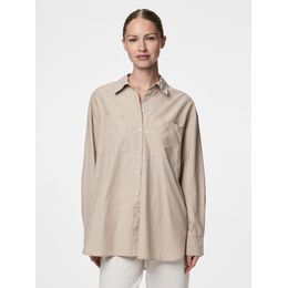 Hemdbluse Pieces "PCMELIA LS LOOSE SHIRT WVN NOOS BC", Damen, Gr. S, crockery stripes:thin hellwei&szlig;, Web, Obermaterial: 55% Polyester, 45% Baumwolle, gestreift, loose fit Po-bedeckend, Blusen Hemdbluse, mit abgerundetem Saum