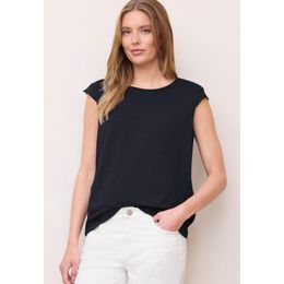 Rundhalsshirt STREET ONE STUDIO, Damen, Gr. 44, schwarz (midnight muse), Web, 50% Baumwolle, 50% Modal, unifarben, comfort fit normal, Rundhals, normaler Saum, Shirts Rundhalsshirt, mit H&auml;kel-Deko