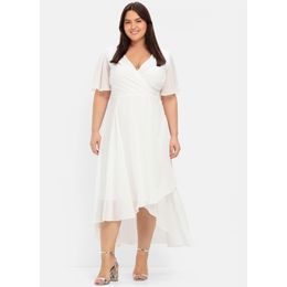 Chiffonkleid sheego "Chiffonkleid", Damen, Gr. 42, Normalgr&ouml;&szlig;en, wei&szlig; (sanftes wei&szlig;), Chiffon, 100% Polyester, unifarben, lang, V-Ausschnitt, Kleider Chiffonkleid