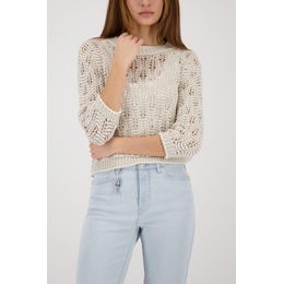 Strickpullover monari "Pullover Ajour", Damen, Gr. 42, beige, Strick, Obermaterial: 59% Baumwolle, 19% Polyacryl, 18% Viskose, 4% metallisierte Fasern, unifarben, regular fit taillenbedeckt, Rundhals, eingesetzt Rippb&uuml;ndchen, Pullover Strickpullover, Regular fit mit gl&auml;nzenden Details