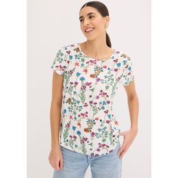 Shirtbluse bonprix, Damen, Gr. 46, wollwei&szlig; gebl&uuml;mt, Web, Obermaterial: 100% Polyester, bedruckt, gebl&uuml;mt, regular fit h&uuml;ftbedeckend, Rundhals, Blusen, figurumspielende Passform, abgerundeter, hinten etwas l&auml;ngerer Saum