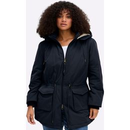 Parka sheego, Damen, Gr. 42, blau (tiefblau), 84% Polyester, 16% Baumwolle, B&uuml;ndchen:95% Polyester, 5% Elasthan, Kapuzenfutter:100% Polyester, Wattierung:100% Polyester, unifarben, Jacken Parka