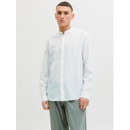 Jack & Jones Langarmhemd JACK & JONES "JJEBREEZE LINEN BLEND BAND SHIRT L/S SN", Herren, Gr. M, N-Gr, wei&szlig;, Web, Obermaterial: 70% Baumwolle, 30% Leinen, unifarben, Hemden, mit Stehkragen