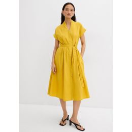 bonprix Ausgestelltes Kaftan-Kleid, gelb, Gr.40, Ausgestelltes Kleid mit V-Ausschnitt, kurzen &Auml;rmeln, verstellbarem G&uuml;rtel in der Taille und seitlichen Eingrifftaschen, 100% Baumwolle