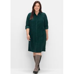 Blusenkleid sheego "Cord-Kleid", Damen, Gr. 48, Normalgr&ouml;&szlig;en, blau (tiefgr&uuml;n), 100% Baumwolle, unifarben, knielang, V-Ausschnitt, Kleider Blusenkleid