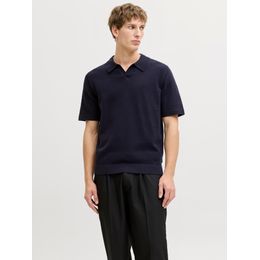 Jack & Jones Polokragenpullover JACK & JONES "JPRBLAMILANO SPRING SPLIT NECK SS SN", Herren, Gr. M, blau (night sky), Strick, Obermaterial: 83% Baumwolle, 17% Polyester, unifarben, regular fit normal, V-Ausschnitt, Pullover, Baumwollmischung, regular fit