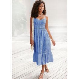 Midikleid Buffalo "mit hochwertiger Lochstickerei", Damen, Gr. 34, N-Gr, blau (rauchblau), Web, Obermaterial: 100% Baumwolle. Futter: 100% Baumwolle, unifarben, figurbetont ca. Mitte Wade, V-Ausschnitt, Kleider Midikleid, luftiges Sommerkleid aus Baumwolle, Spaghettikleid,Boho-Kleid, elegant, Topseller