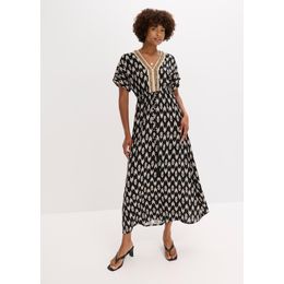 bonprix Maxikleid aus flie&szlig;ender Viskose, schwarz, Gr.48, bedrucktes Maxikleid aus flie&szlig;ender Viskose mit dekorativer Applikation vorne am Ausschnitt, aus Viskose