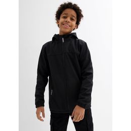 bonprix Softshelljacke mit Kapuze wasserabweisend, schwarz, Gr.152/158, Coole Jungen Softshelljacke mit Rei&szlig;verschlusstaschen, aus Softshell