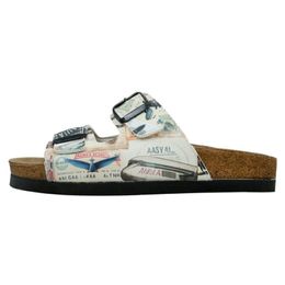 Pantolette DOGO "Stella Pantolette Aeroplanes Damen Sandalen", Damen, Gr. 38, Normalschaft, beige (natur), Lederimitat, Schuhe Schlappen Pantolette, Handgefertigt