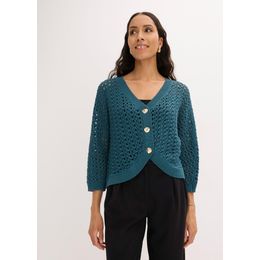 bonprix Ajour-Strickjacke aus reiner Baumwolle, petrol, Gr.40/42 (M), leicht oversized geschnittene Strickjacke mit Ajour-Muster und dekorativen Kn&ouml;pfen vorne, aus 100% Baumwolle