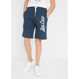 Sweatbermudas bonprix, Jungen, Gr. 176, N-Gr, blau (dunkelblau bedruckt), Obermaterial: 100% Baumwolle, regular fit, Hosen, aus Baumwolle, Regular Fit, Casual Stil, mit Druck auf dem Bein