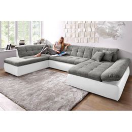 Wohnlandschaft DOMO collection "MORIC 353x216x80 cm, mit viel Platz, U-Form, auch in Cord", grau (wei&szlig;, wei&szlig;, grau), B:353cm H:80cm T:216cm, Microfaser PRIMABELLE / Struktur (90% Polyester/ 10% Polyacryl);Kunstleder SOFTLUX / Struktur (90% Polyester/ 10% Polyacryl), Sofas, Wohnlandschaft, im XXL-Format, wahlweise mit Bettfunktion und Armlehnenverstellung