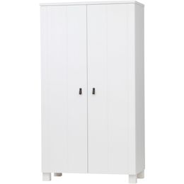 Garderobenschrank Woood "Ties Kiefer FSC geb&uuml;rstet V-Nut T&uuml;ren Ledergriff", wei&szlig;, B:111cm H:202cm T:55cm, FSC-zertifizierter Holzwerkstoff, Schr&auml;nke, Garderobenschrank, Strukturierte Front, markante T&uuml;rdetails