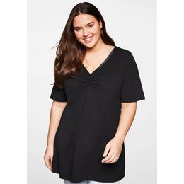 Longshirt sheego "Longshirt", Damen, Gr. 40/42, schwarz, 95% Baumwolle, 5% Elasthan, unifarben, V-Ausschnitt, Shirts Longshirt