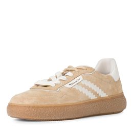 Plateausneaker Tamaris, Damen, Gr. 37, beige (beige, kombiniert), Leder, Veloursleder, unifarben mit Farbeinsatz, Schuhe Plateausneaker, Freizeitschuh, Halbschuh, Schn&uuml;rschuh mit Kontrastbesatz