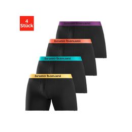 Boxer Bruno Banani "Boxershorts f&uuml;r Herren", Herren, Gr. S, 4 Stk., bunt (schwarz, orange, schwarz, t&uuml;rkis, schwarz, gelb, schwarz, lila), Jersey, Obermaterial: 95% Baumwolle, 5% Elasthan, unifarben, k&ouml;rpernah, Unterhosen, mit l&auml;ngerem Bein und auff&auml;lligen Logobund