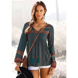 Schlupfbluse Buffalo, Damen, Gr. 32, blau (petrol, bedruckt), Web, Obermaterial: 100% Viskose, bedruckt, figurumspielend h&uuml;ftlang, V-Ausschnitt, mit Gummizug, Blusen Schlupfbluse, mit Ethnodruck und Zierperlen, Boho-Style, Langarmbluse, Topseller