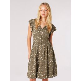 Druckkleid Apricot "Minikleid", Damen, Gr. XS (34), N-Gr, gr&uuml;n (khaki), Obermaterial: 100% Viskose CV., gebl&uuml;mt, normal, V-Ausschnitt, Fl&uuml;gel&auml;rmel mit R&uuml;schen, Kleider Druckkleid, mit Knopfleiste