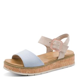 Keilsandalette Marco Tozzi "GRADI", Damen, Gr. 39, hell, blau, Textil, kontrastfarbene Details, Schuhe, Plateau, Sommerschuh, Riemchensandale mit Sohle im Kork-Look