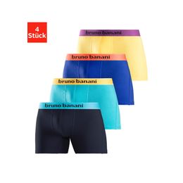 Boxer Bruno Banani "Boxershorts f&uuml;r Herren", Herren, Gr. S, 4 Stk., bunt (gelb, royalblau, t&uuml;rkis, navy), Jersey, Obermaterial: 95% Baumwolle, 5% Elasthan, unifarben, k&ouml;rpernah, Unterhosen, mit l&auml;ngerem Bein und auff&auml;lligen Logobund