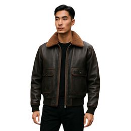 Herren-Bomberjacke aus braunem Leder mit Schaffellkragen, G-1-Pilotenjacke &ndash; Naracoorte