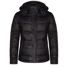 Warme, gesteppte Bomber-Kapuzenjacke aus schwarzem Pufferleder