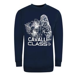 Cavalli Class grosses marineblaues Sweatshirt mit Blumen-Tiger-Design